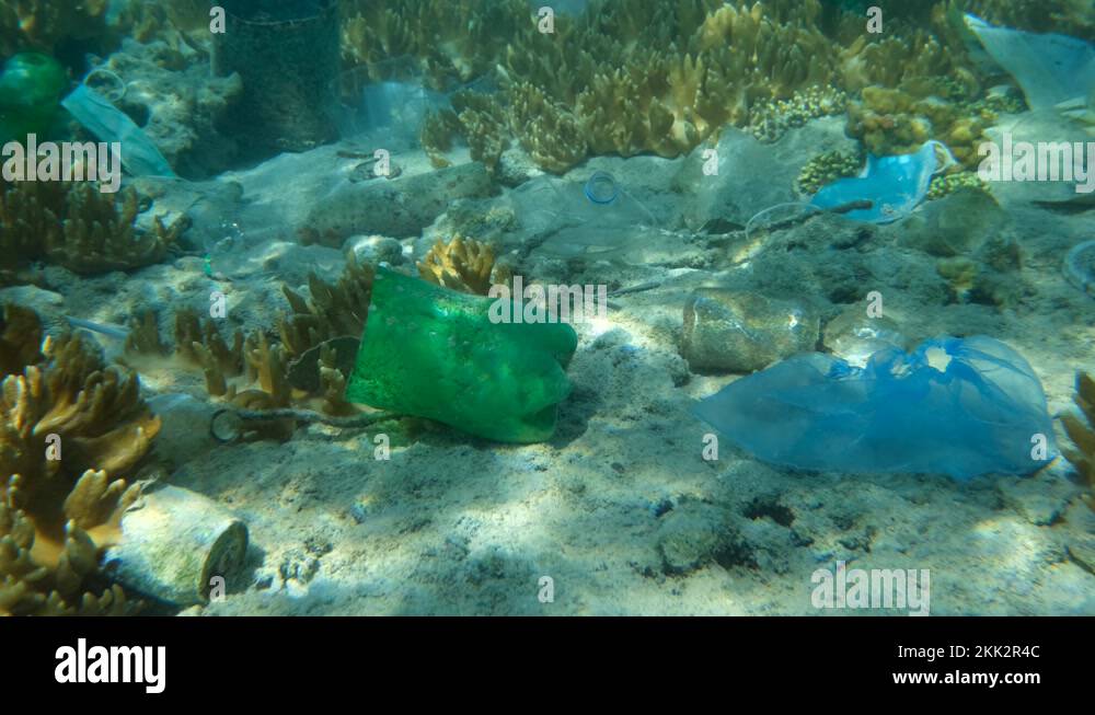 Plastic pollution. Plasticand other debris on the coral reef. Plastic ...