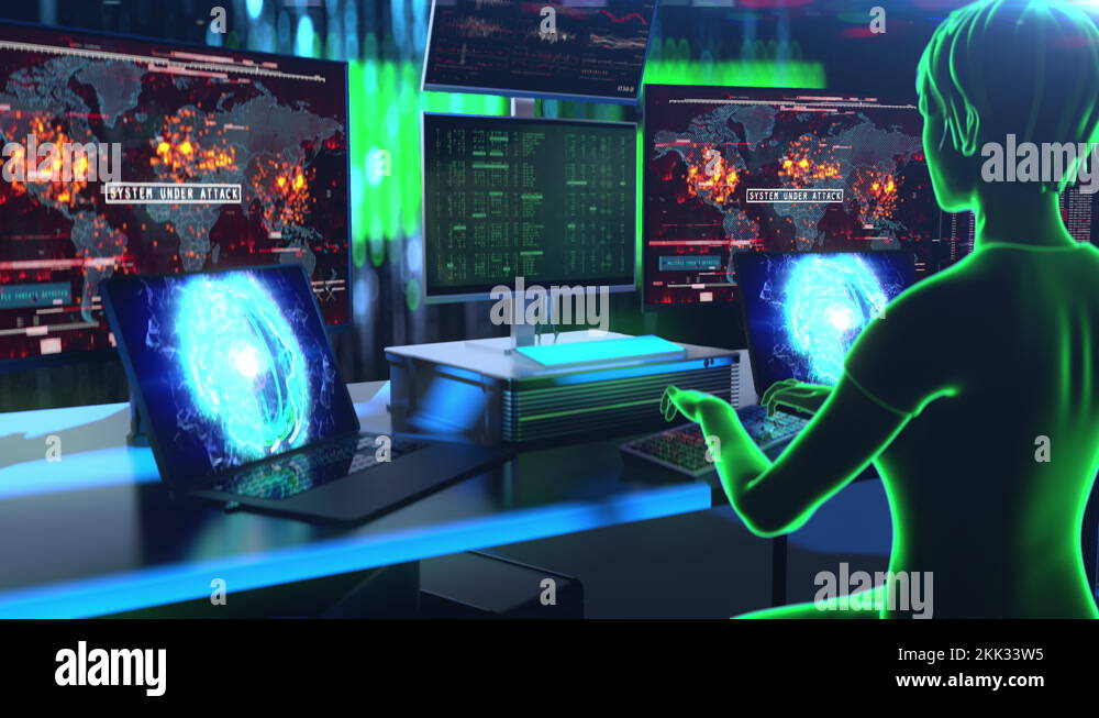 Hacking visualization, digital world, female avatar breaching computer ...