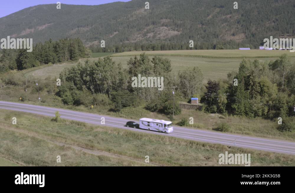 Mountain valley highway freeway interstate aerial 180 degree panaramic ...