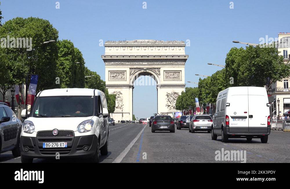 Paris Car Traffic on Champs Elysees by Triumph Arch, People Tourists ...