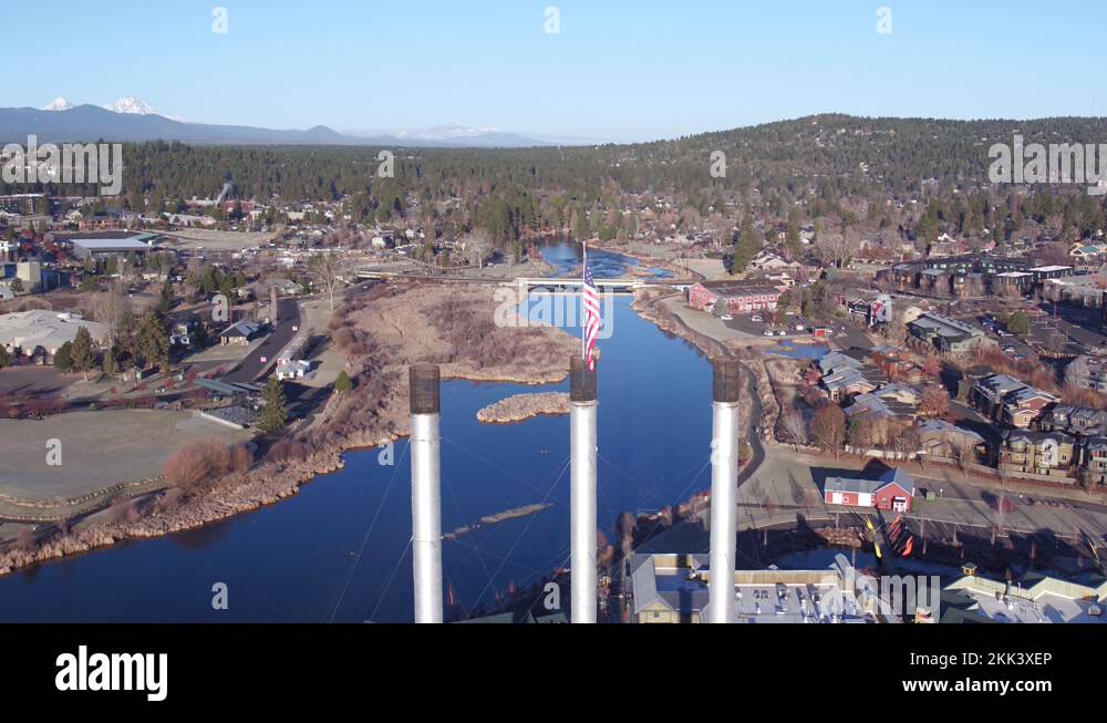Pivoting around the Old Mill smoke stacks in Bend Oregon Stock Video ...