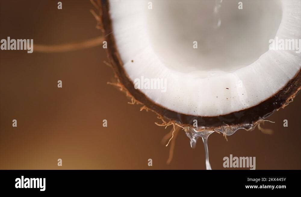 Coconut pouring water, dripping coconut milk, drops of coco nuts oil ...