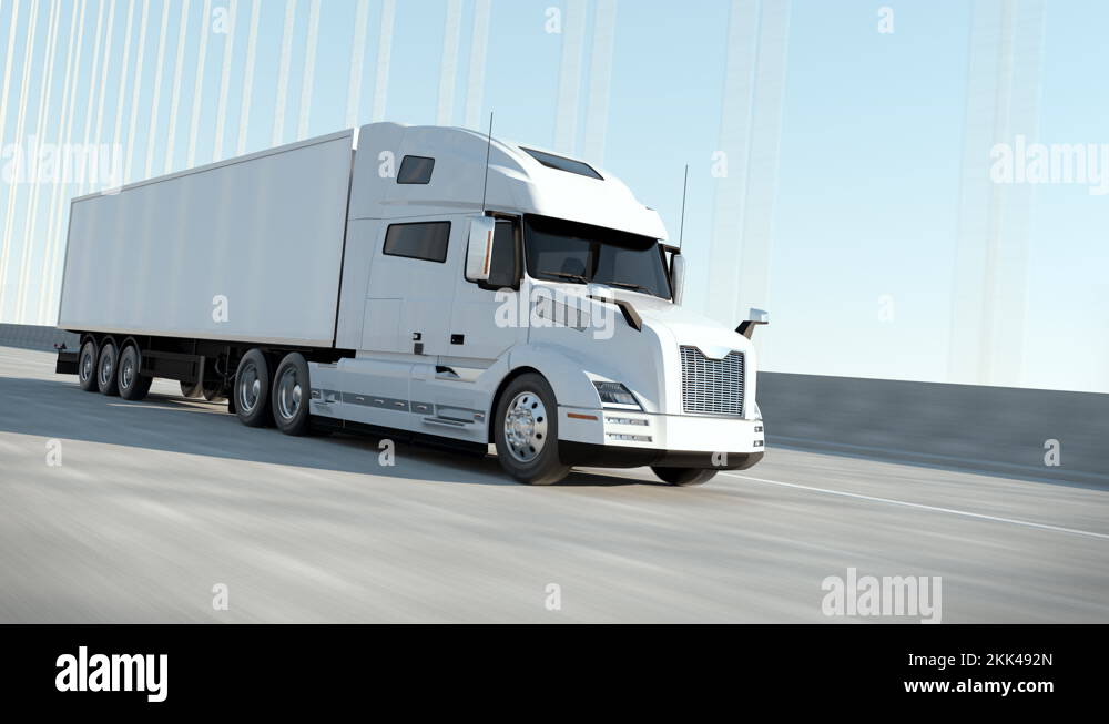 White Modern Big Semi Truck with Cargo Trailer Route on Road Logistic ...