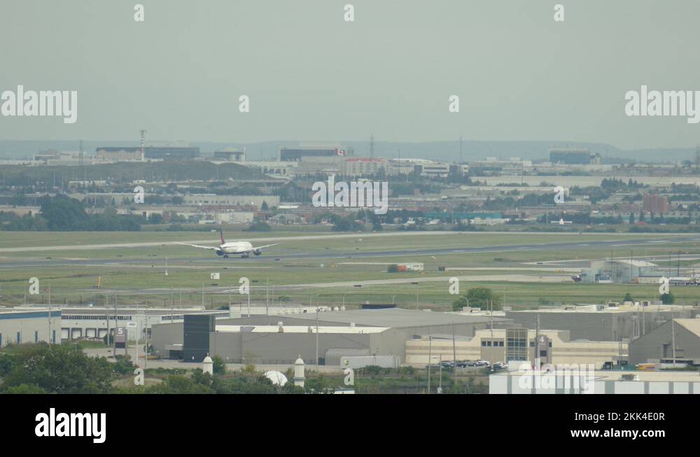 Airplane departure take off on an airport runway, telephoto, transport ...