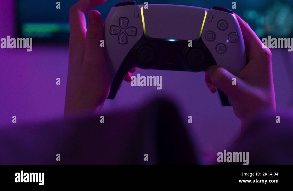 Kid playing Sony playstation 5 on TV screen, man play on next gen ...