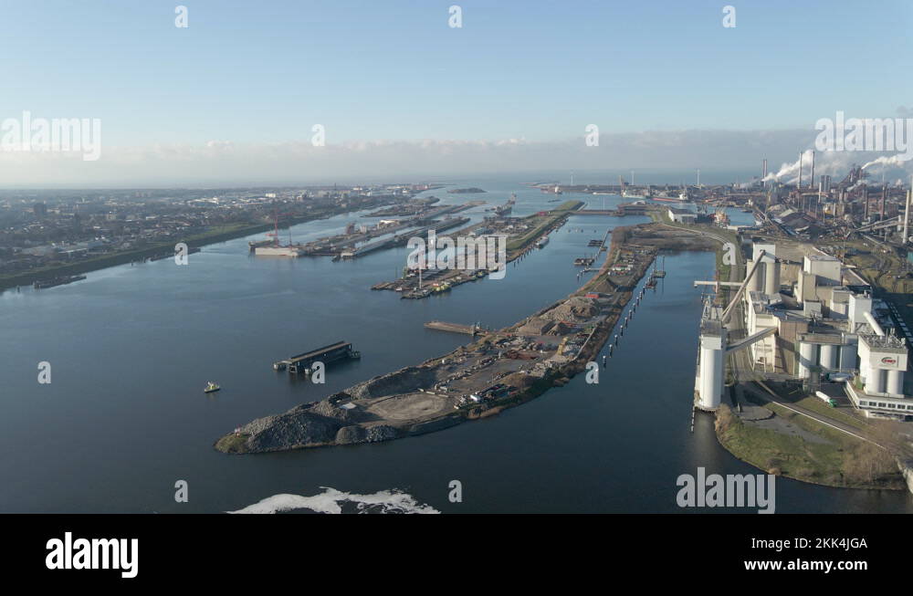 Wide aerial of Ijmuiden Sluis, the largest sea ship lock in the world ...