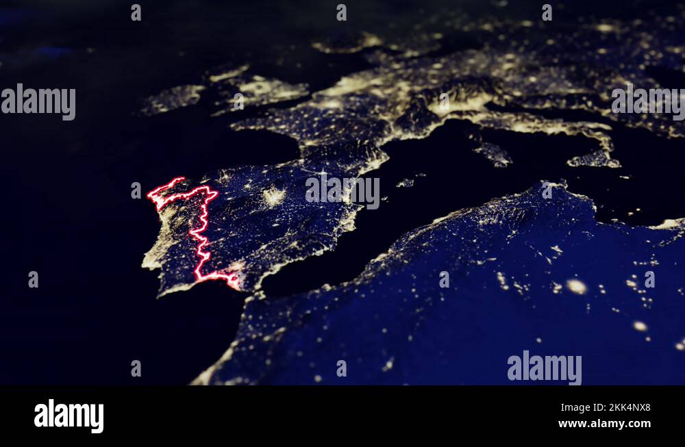 3D CGI Night Map of Spanish Borders With Mountain Relief Stock Video ...