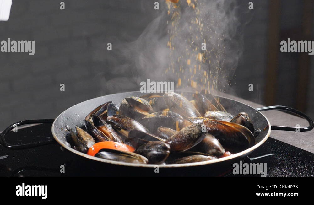 Steaming stewed mussels in white dry wine sauce with garlic and tomato ...