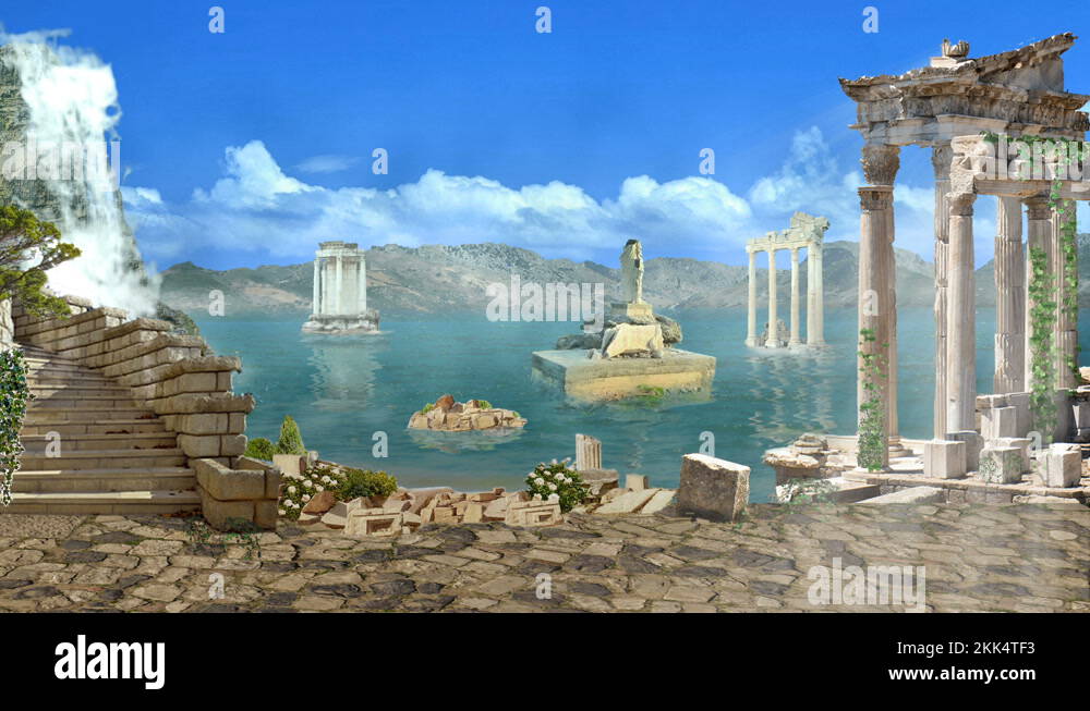 Ancient Greece Island with temple 3d view scenery looped motion ...