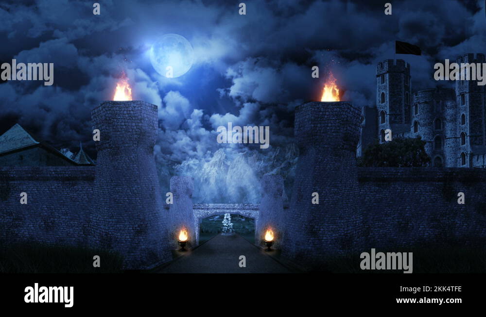 Medieval castle fortress main gate at night 3d looped motion background ...