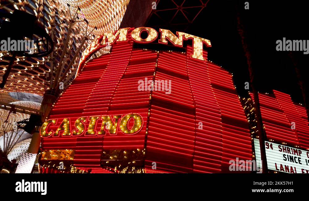 Las Vegas USA, Fremont Hotel and Casino Logo Sign and Flashy Red Lights ...