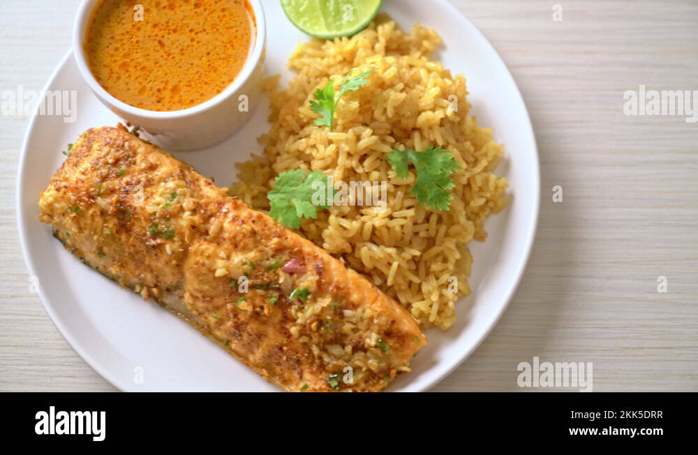 pan seared salmon tandoori with masala rice - muslim food style Stock ...
