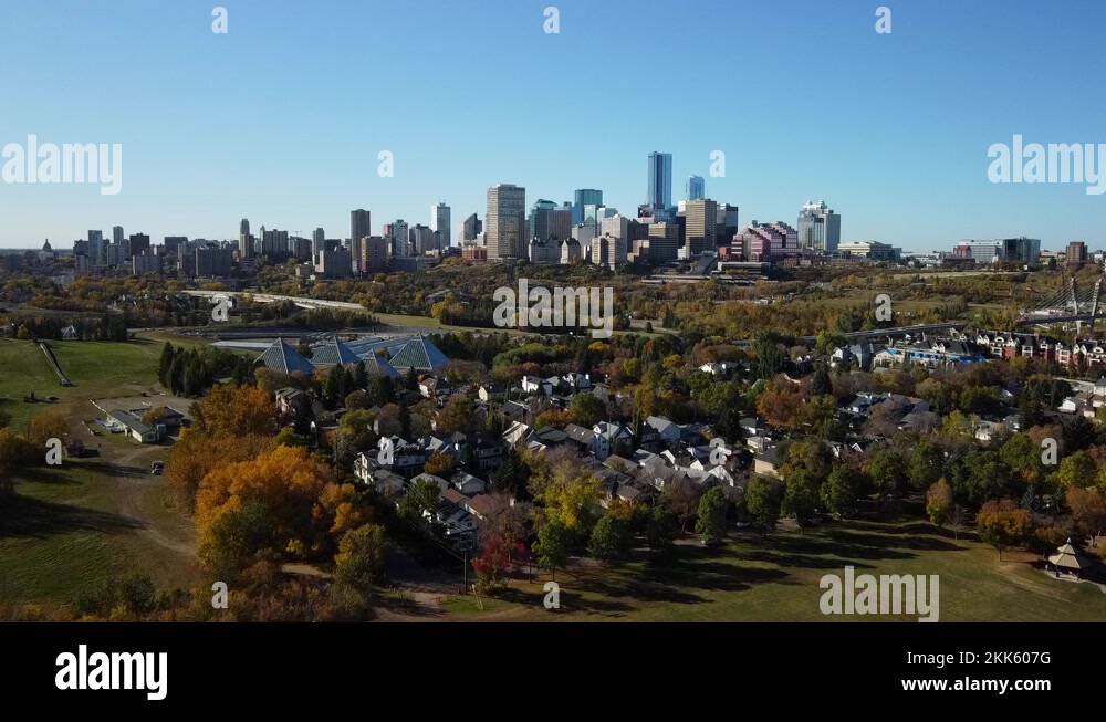 Edmonton's skyline and river valley aerial from Gallagher Park Stock ...