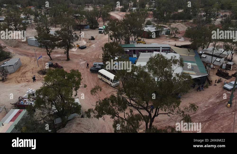 Panning aerial view of a small mining town in the opal capital of the ...