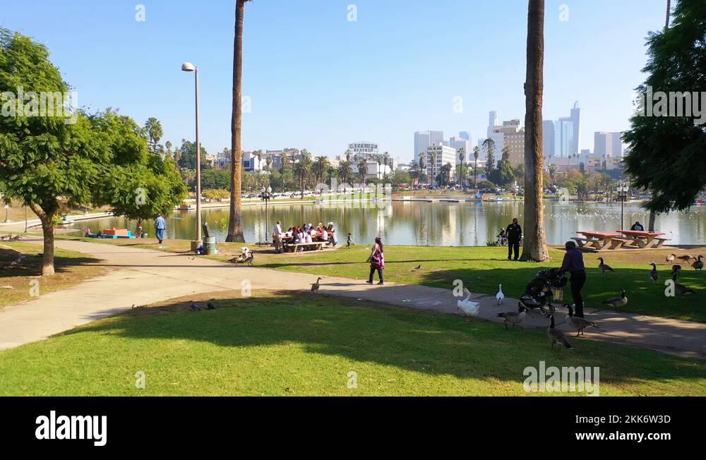 Aerial of people having picnic and walking at MacArthur Park Lake near downtown Stock Video ...