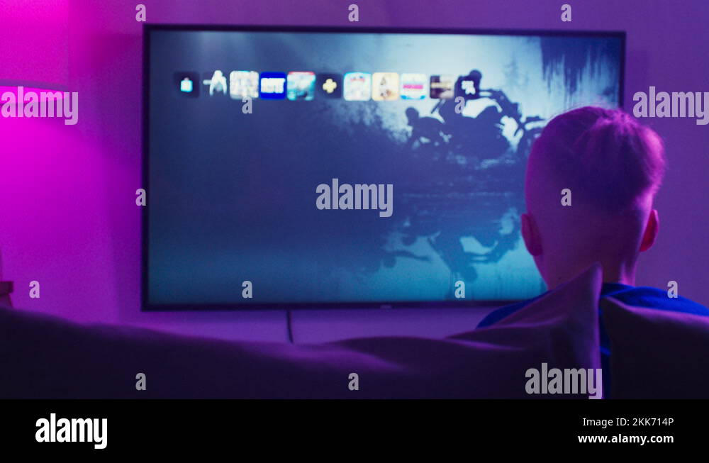 Kid playing Sony playstation 5 on TV screen, man play on next gen ...