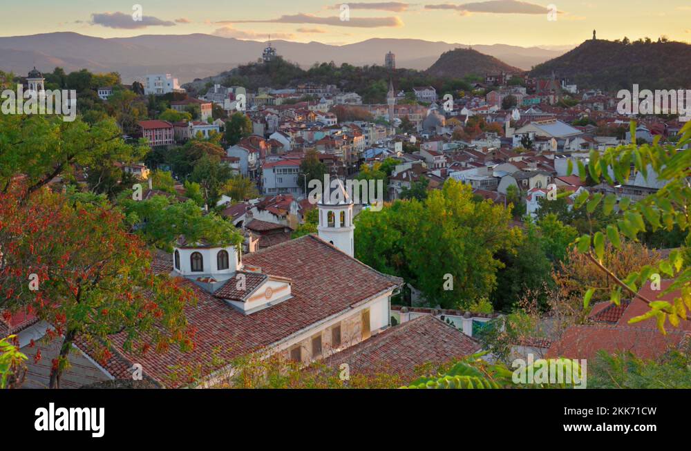 Zoom out shot of Plovdiv city center, Bulgaria. Beautiful houses in the ...