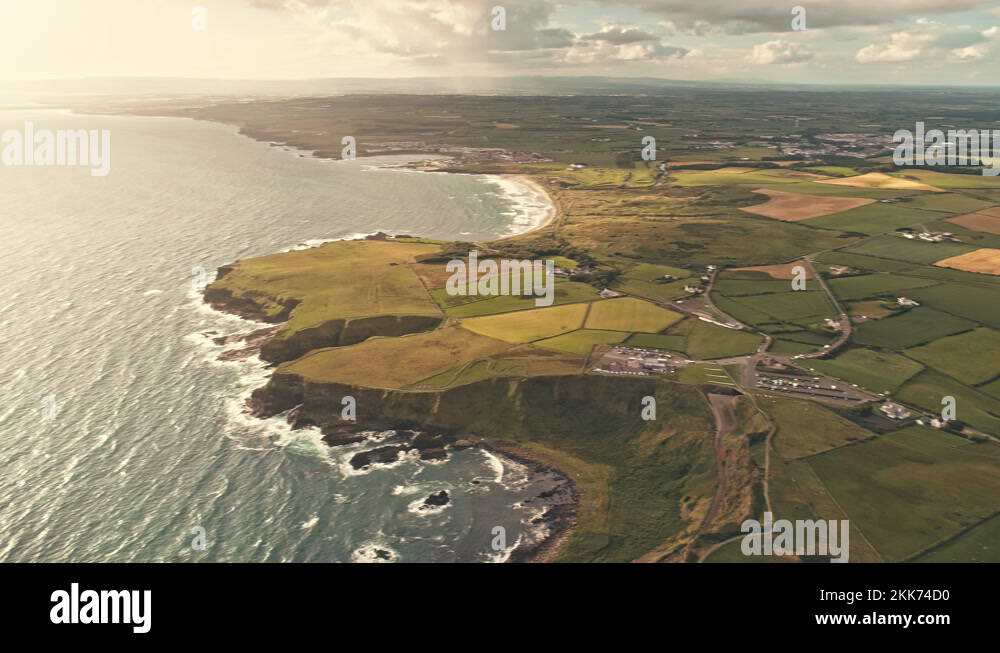Aerial farmland at sun ocean bay. Nobody nature landscape. Farms and ...