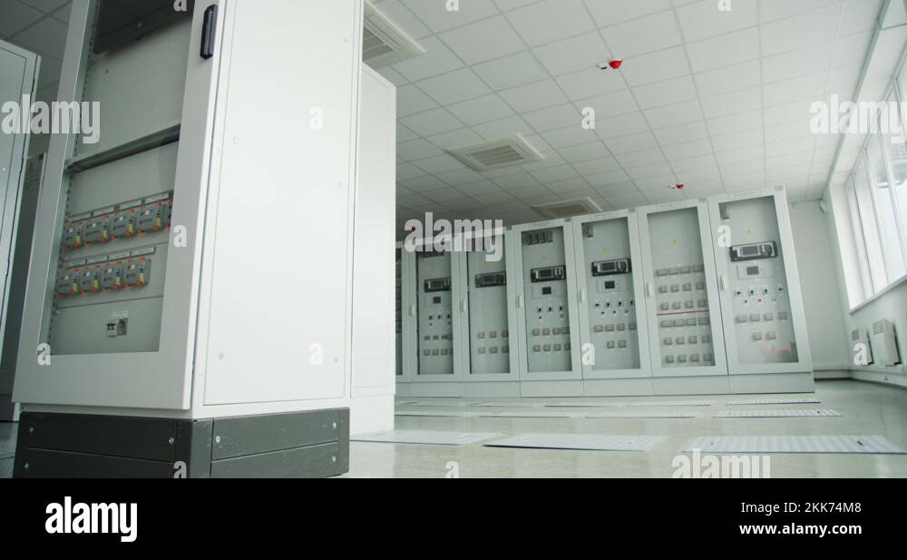 Modern control room with transformers, control panels at the factory ...