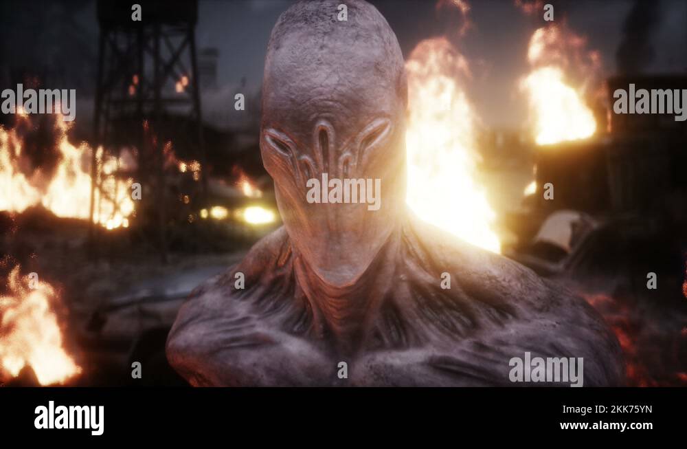 Alien, monster in a burning ruined apocalyptic city. Armageddon view ...