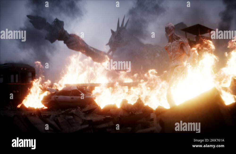 Alien, monster in a burning ruined apocalyptic city. Armageddon america ...