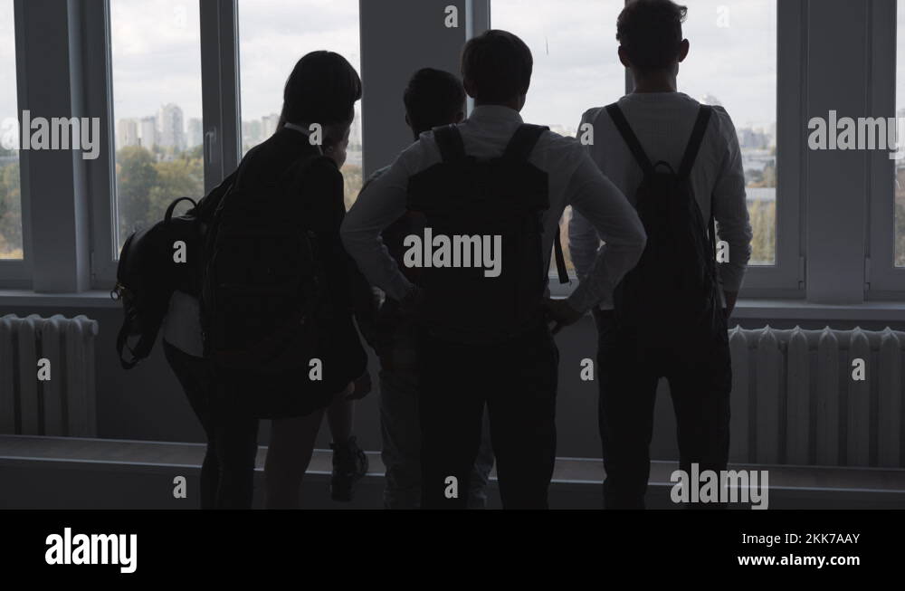 Back view of group of teenage classmates standing in school corridor ...