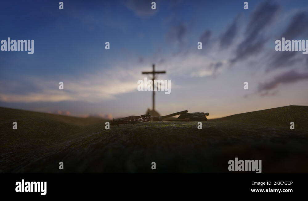 Crucifixion of Jesus Christ with thorn crown, nails, hammer and a rope ...