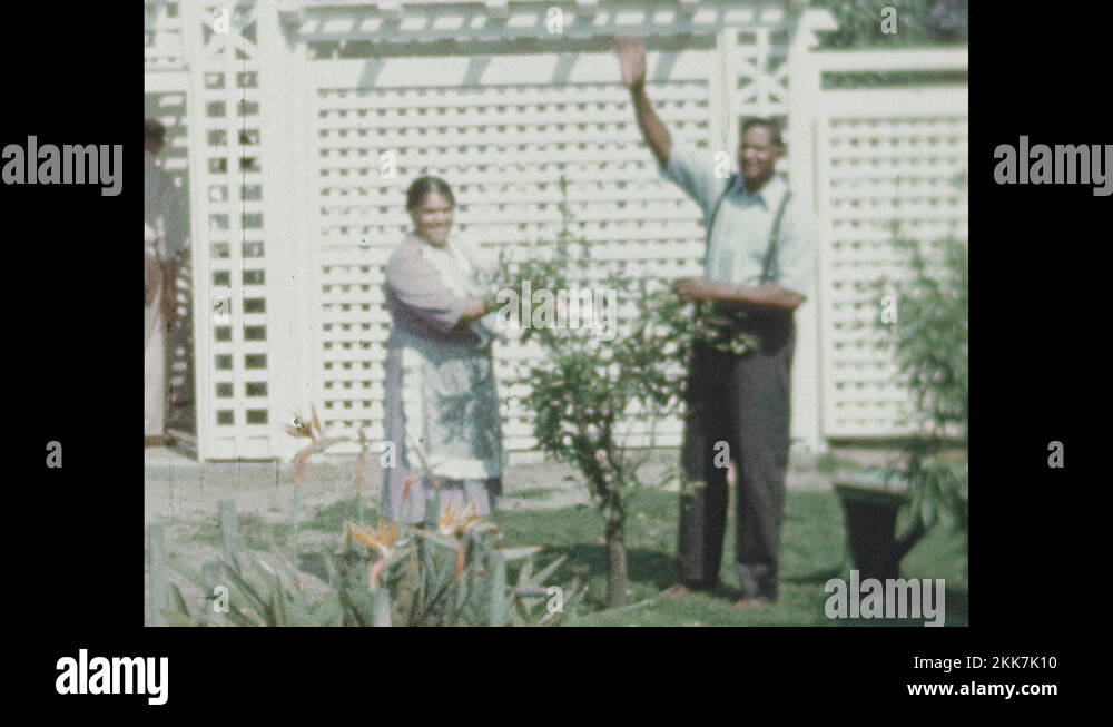 1950s: Two people look over bush in yard, man waves. Three people look ...