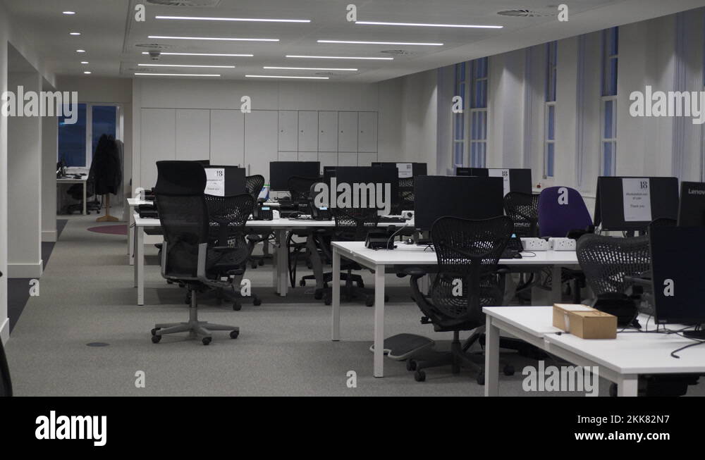 Empty Open Plan Office Floor During Lockdown. Zoom Out Stock Video ...