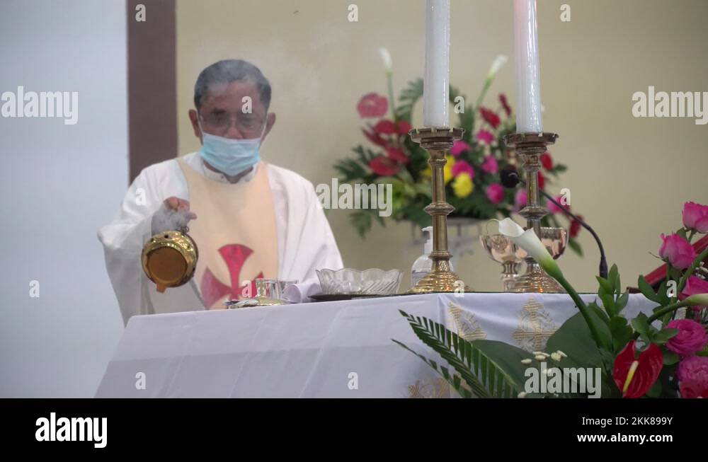 Catholic Priests Wear Masks Using Thuribles For Incense In Churches