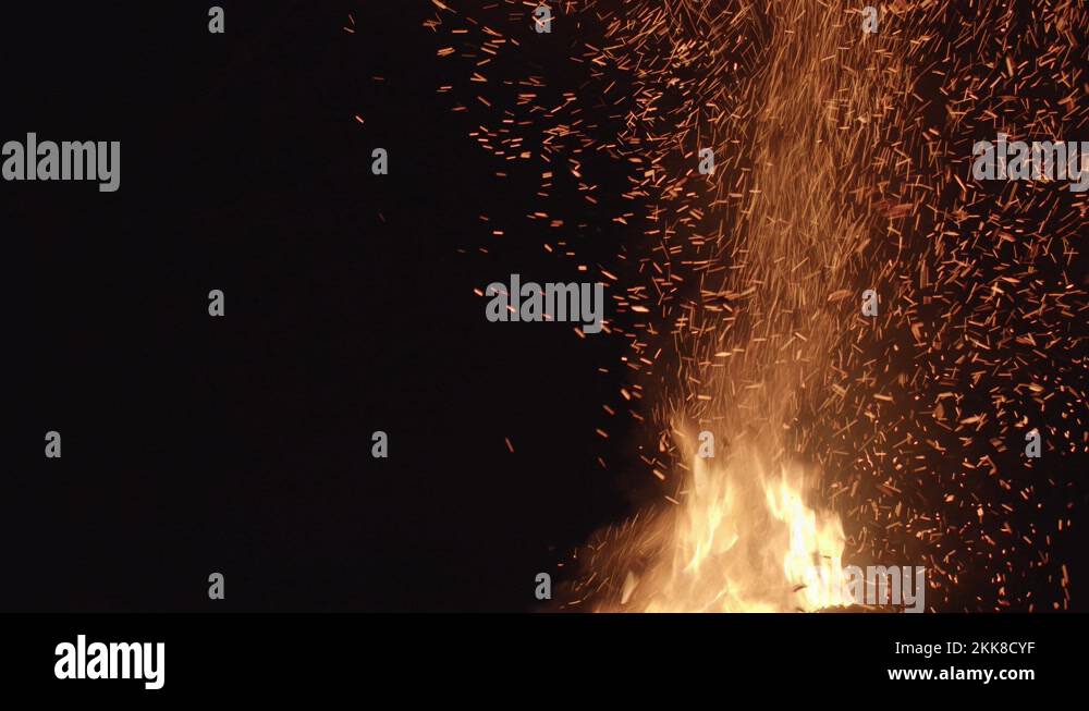 Big Fire Flames With Sparkles In The Air Black Background Dark Night 4K ...