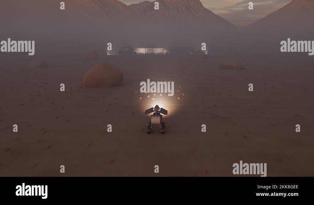 Planetary rover heading to cosmic base at the night. Return of test ...
