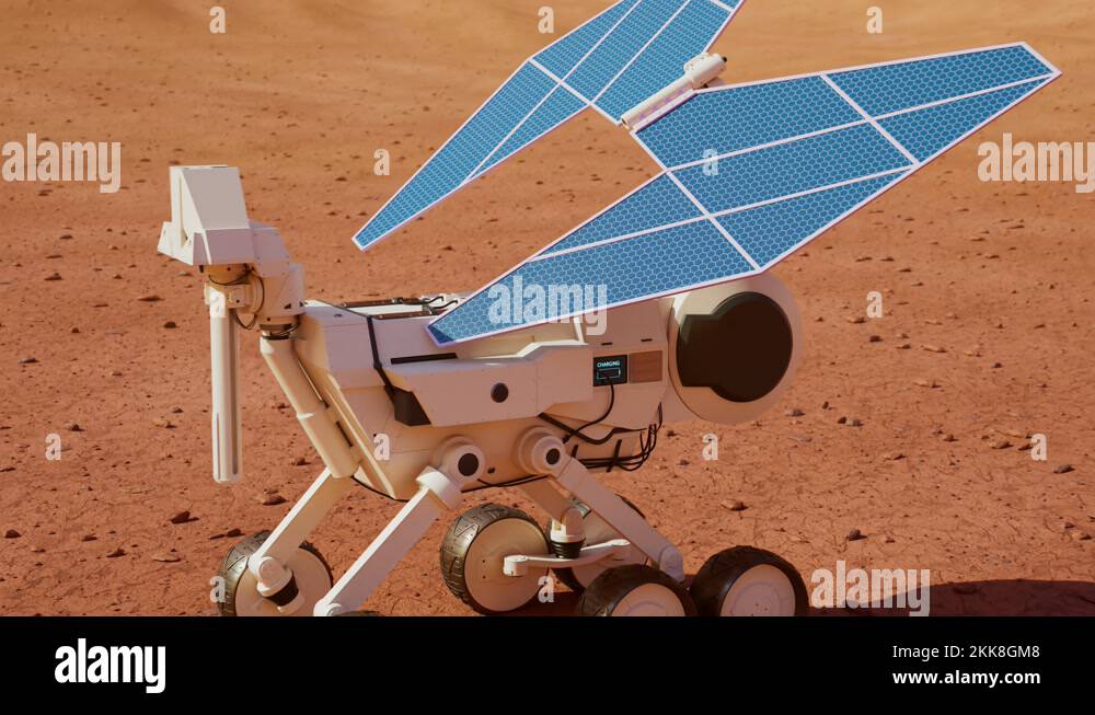 Planetary rover charging batteries. The solar power robot having a ...