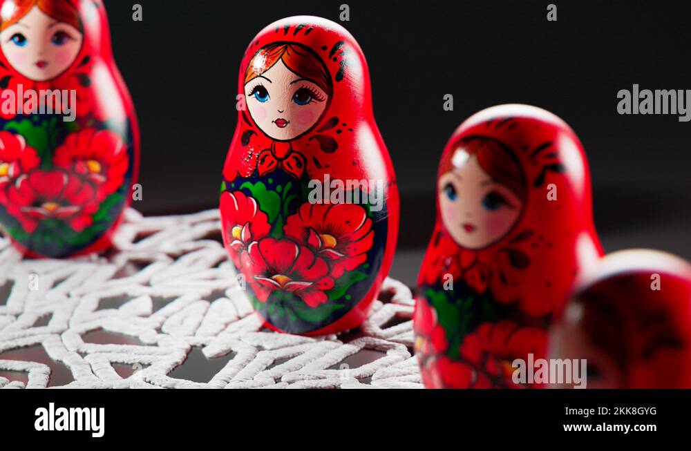 Matryoshka dolls placed in a circle. A camera follows one babushka ...