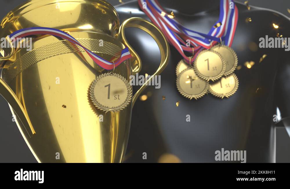 A winner with medals on his chest with gold cups in hands. First prize ...