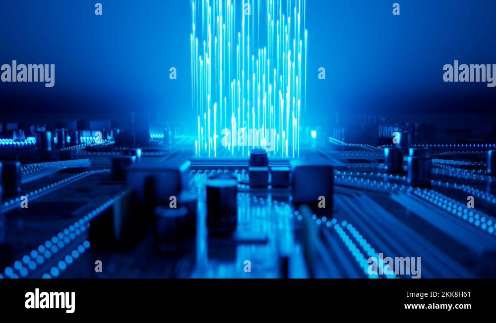 Data flow in a motherboard in pc. Processor among circuits and ...
