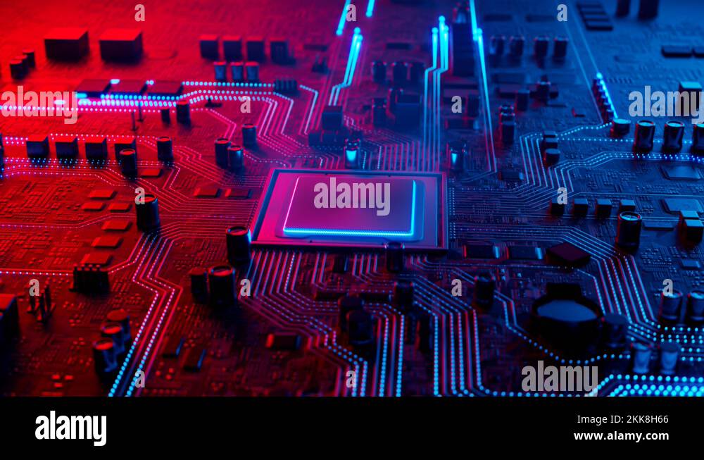 Data flow in a motherboard in pc. Processor among circuits and ...