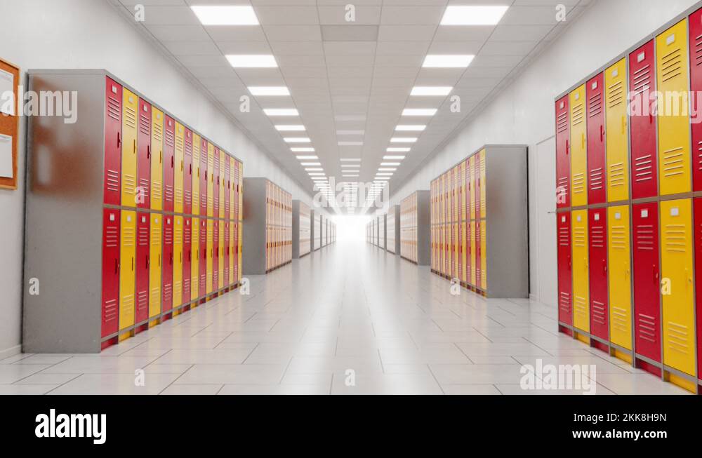 Seamless looping animation of a bright school hallway. Endless rows of ...