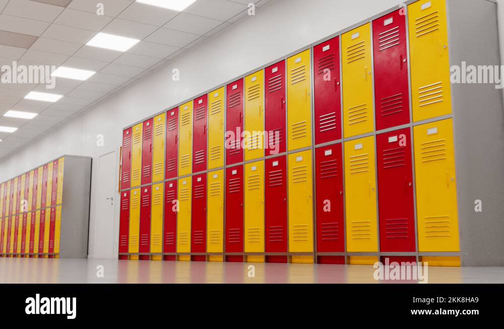 Seamless looping animation of a bright school hallway. Endless rows of ...