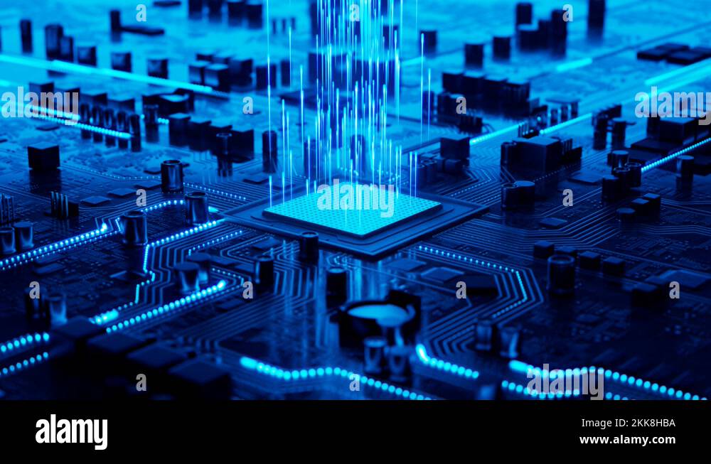 Data flow in a motherboard in pc. Processor among circuits and ...