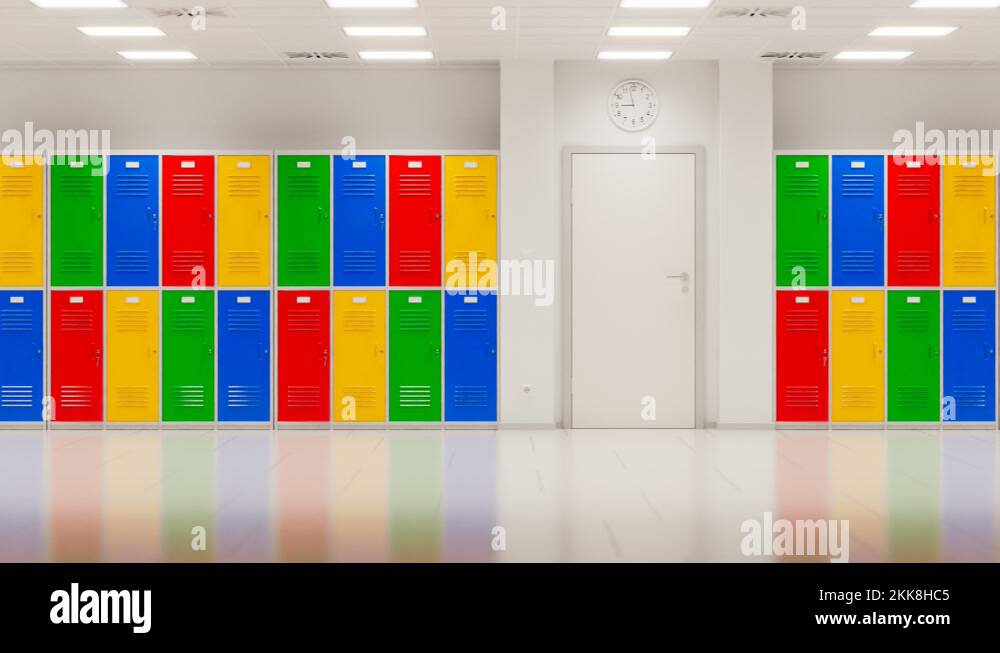 Seamless looping animation of a bright school hallway. Endless rows of ...