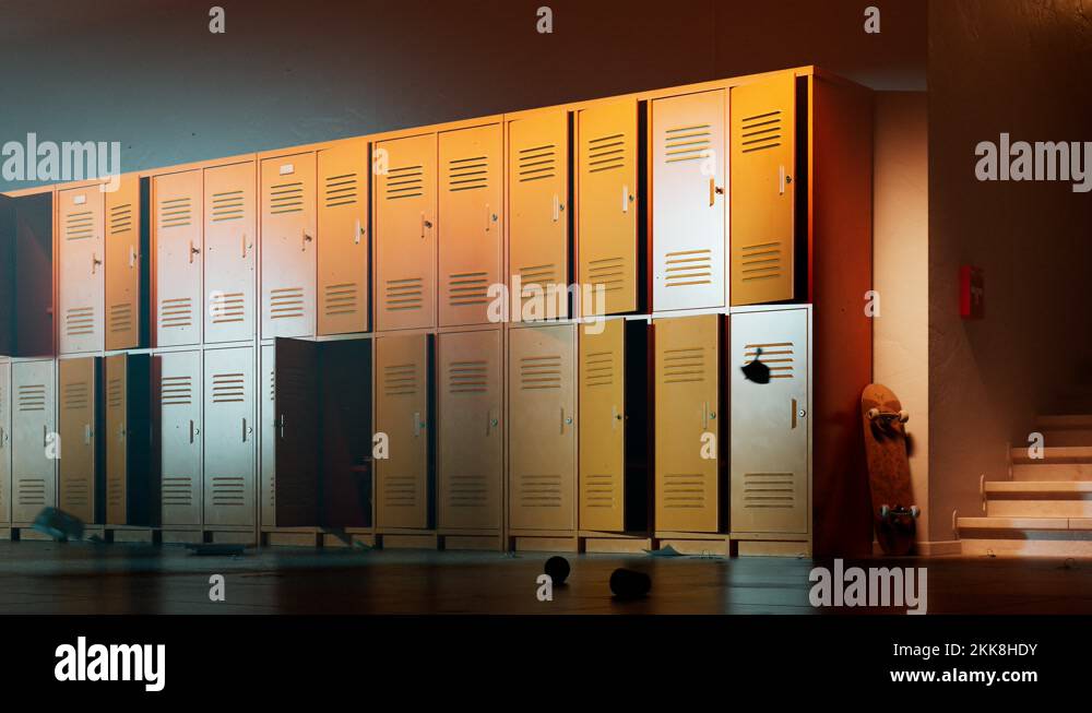 Scary abounded school hallway. Wind blowing and moving orange lockers ...