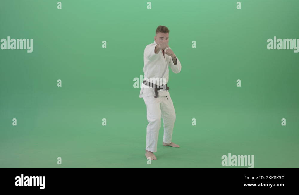 Green screen Karate Man boxing making punch front view isolated Stock ...