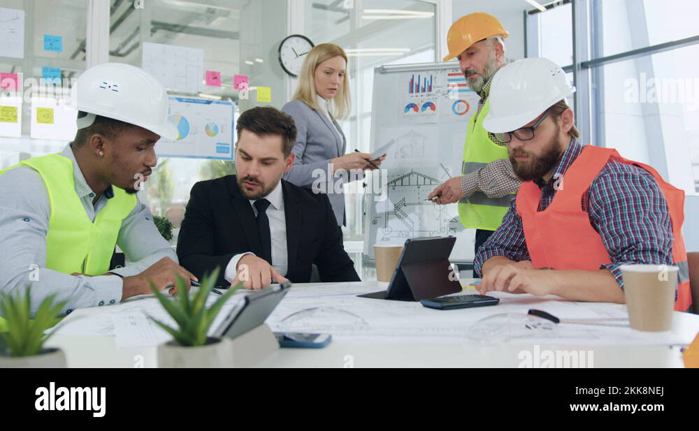 Portrait of good-looking concentrated professional team of male and ...
