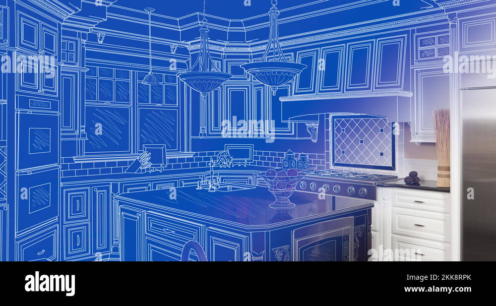 Custom Kitchen Blueprint Drawing Transitioning to Completed Build Stock ...