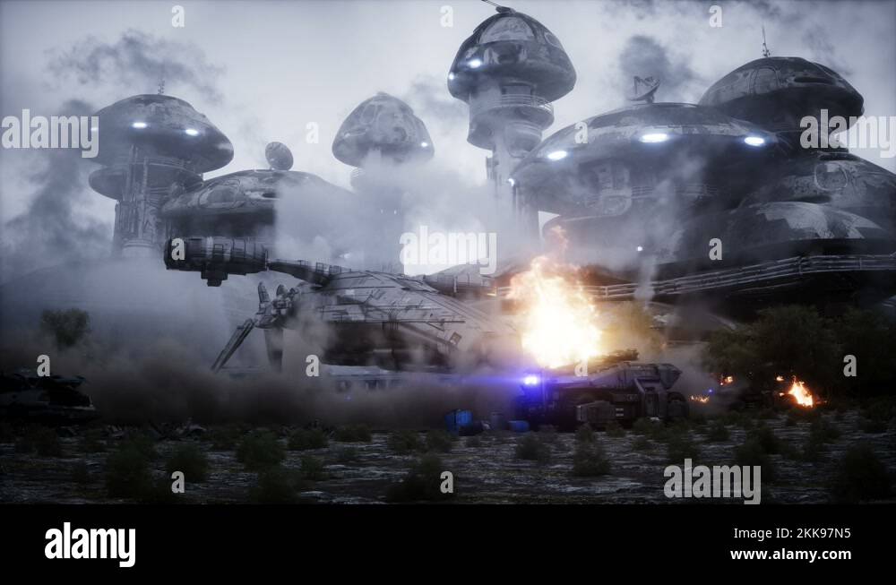Futuristic Sci Fi Ship Take Wing Military Robot Apocalypse City Realistc Dust Stock Video