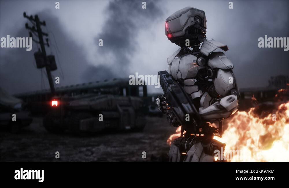 Military robot in a burning ruined apocalyptic city. Armageddon view ...