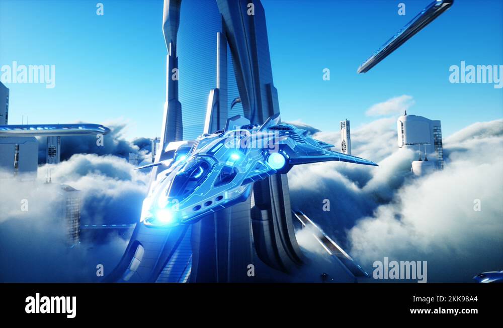 Futuristic sci fi city in clouds. Utopia. concept of the future. Flying ...