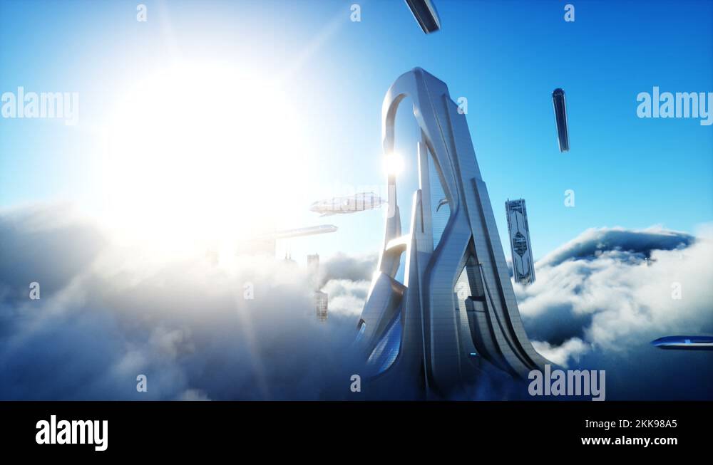 Futuristic sci fi city in clouds. Utopia. concept of the future. Flying ...