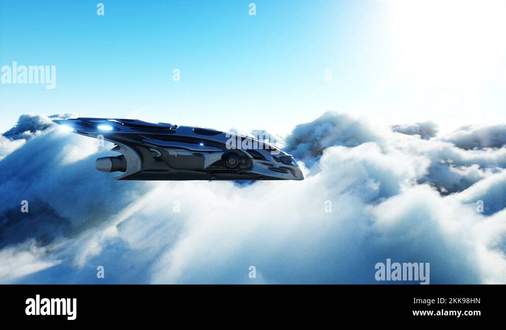 Futuristic sci fi ship flying in the clouds. Realistic 4k animation ...